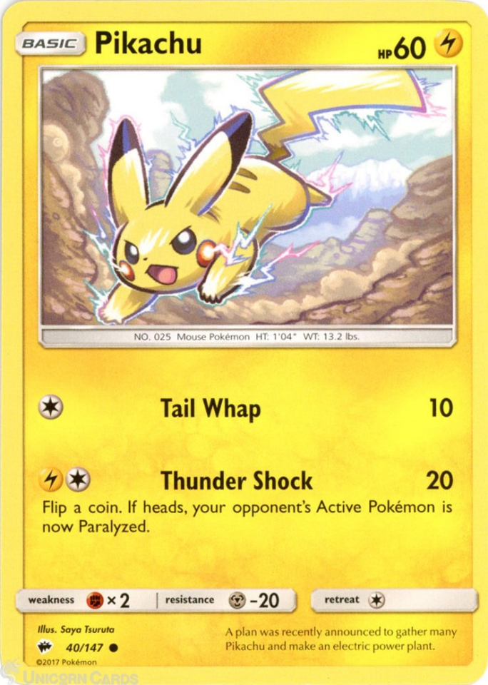 Pikachu 40/147 : Common Mint/Near Mint Pokemon Card : SM03: Burning ...